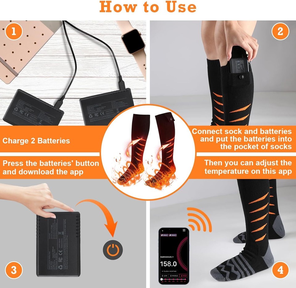 Electric Heated Socks Rechargeable 5000mAh Battery Foot Winter Warm ...