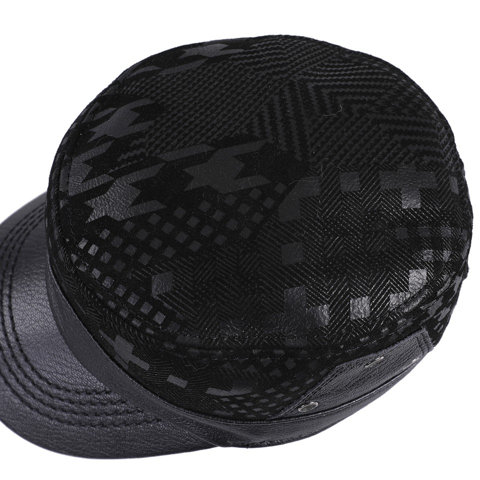 Men's Flat Top Cap Real Sheepskin Leather Military Style Caps Cadet ...