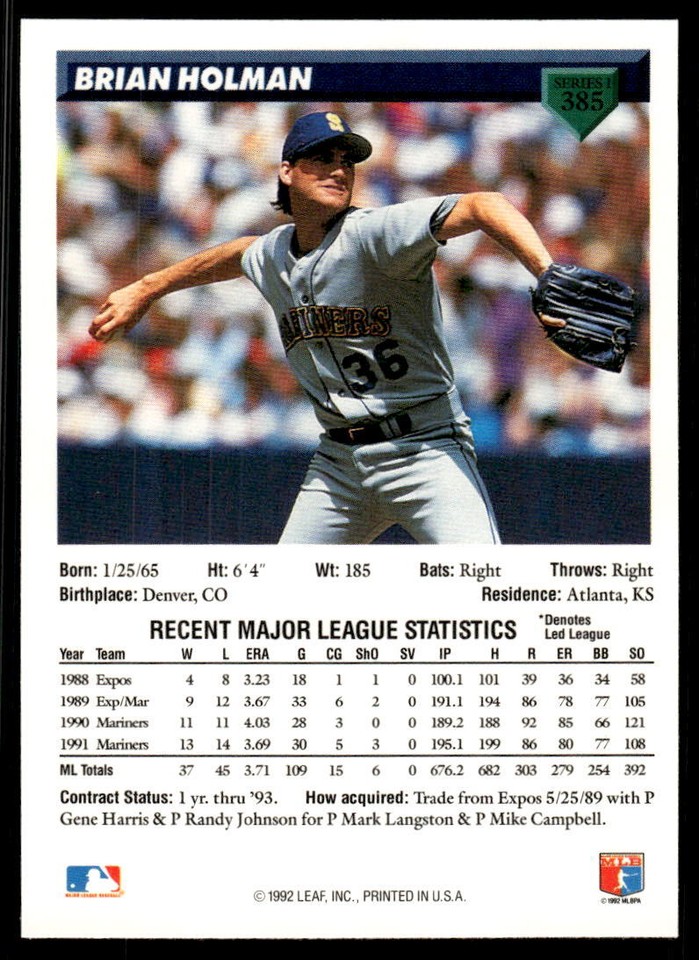 1993 Donruss 385 Brian Holman Seattle Mariners Baseball Card | eBay