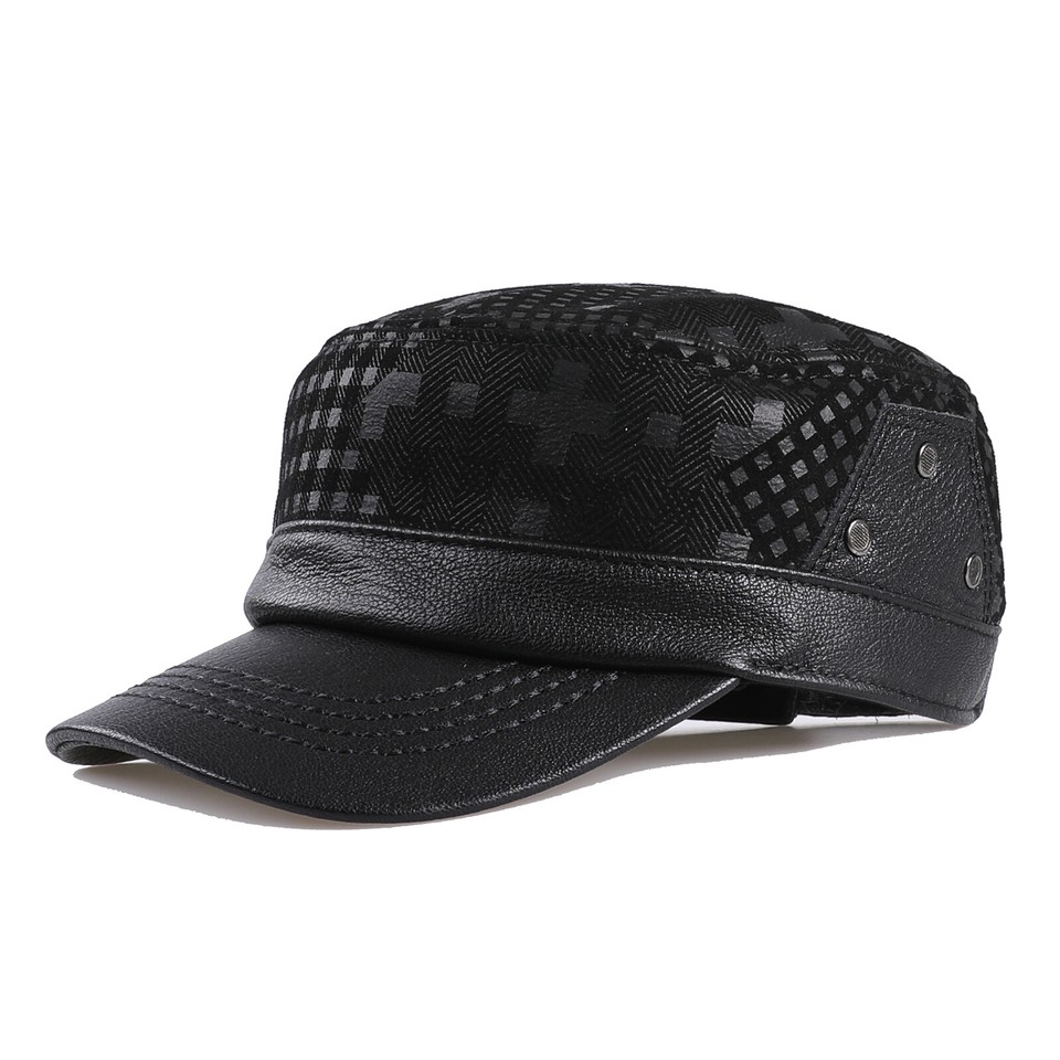Men's Flat Top Cap Real Sheepskin Leather Military Style Caps Cadet ...