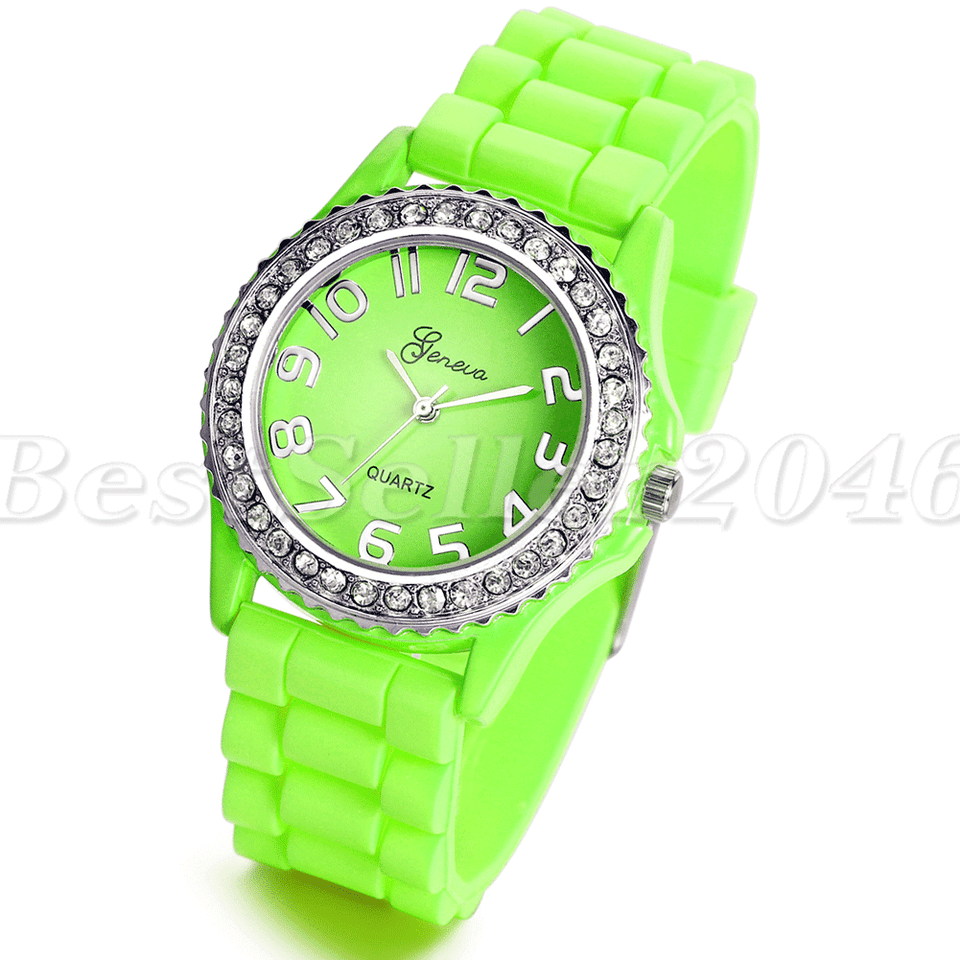 Casual Rhinestone Jelly Gel Silicone Band Quartz Analog Wrist Watch ...
