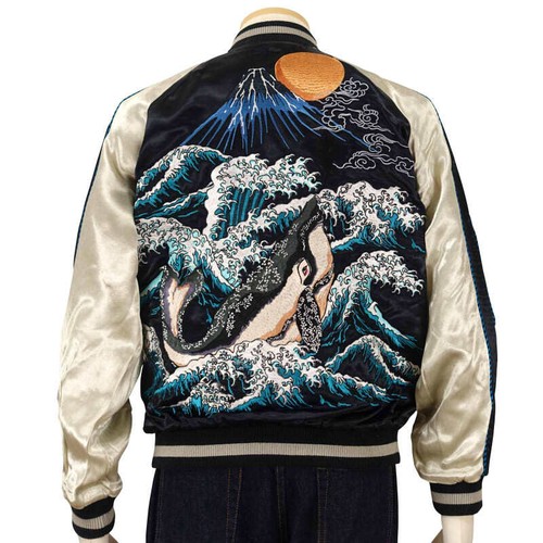 Sukajan Whale Big Wave Mt.Fuji Japan Satin Embroidery Souvenir Jacket ...