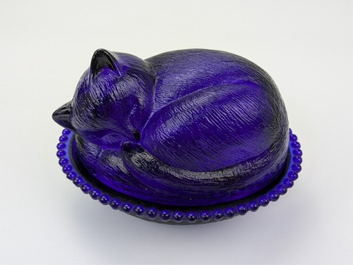 VTG Indiana Glass Cat On Nest Cobalt Blue Candy Dish & Lid Napping ...