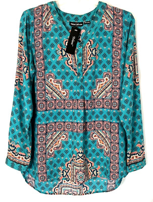 Tolani Collection Printed V Neck Shirt Sz Small Teal Multi A354873 ...