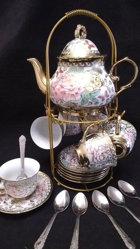 20 Piece Tea Sets Tea Pot w 6 Cups + Saucers + Rack Multi 3 oz Cups ...