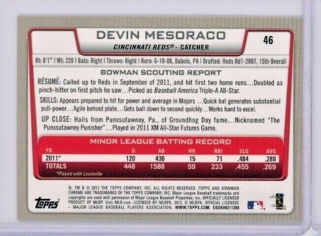 2012 Bowman Baseball #46 Devin Mesoraco Rookie RC - Cincinnati Reds ...