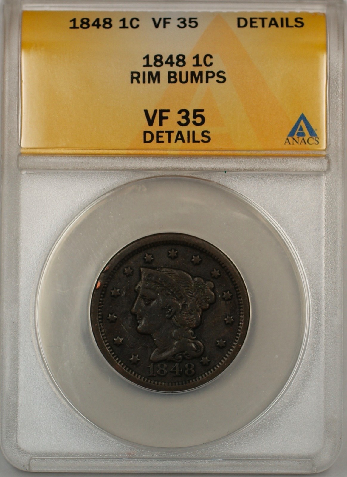1848 Large Cent 1c Coin ANACS VF 35 Details Rim Bumps | eBay
