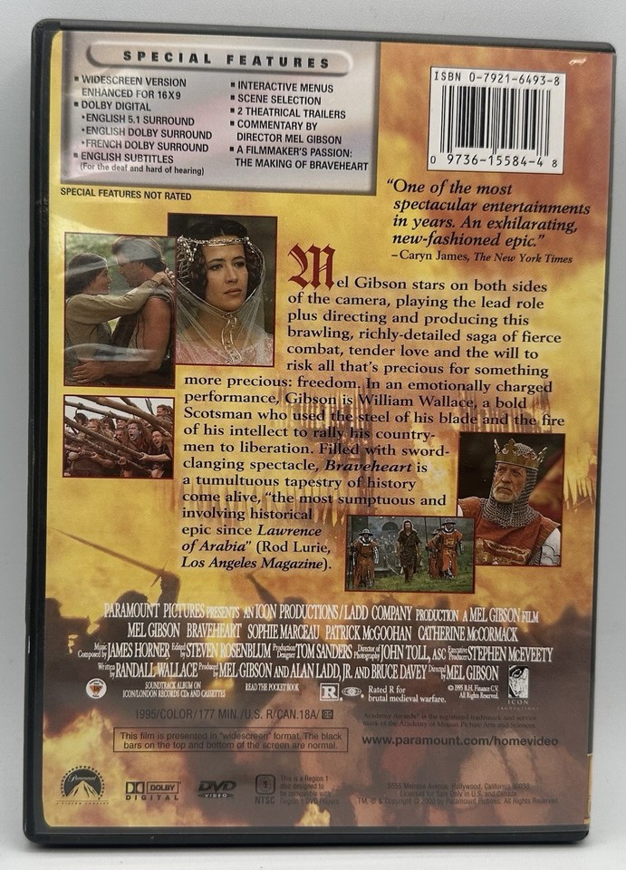 Braveheart DVD Widescreen Mel Gibson Sophie Marceau Patrick McGoohan ...