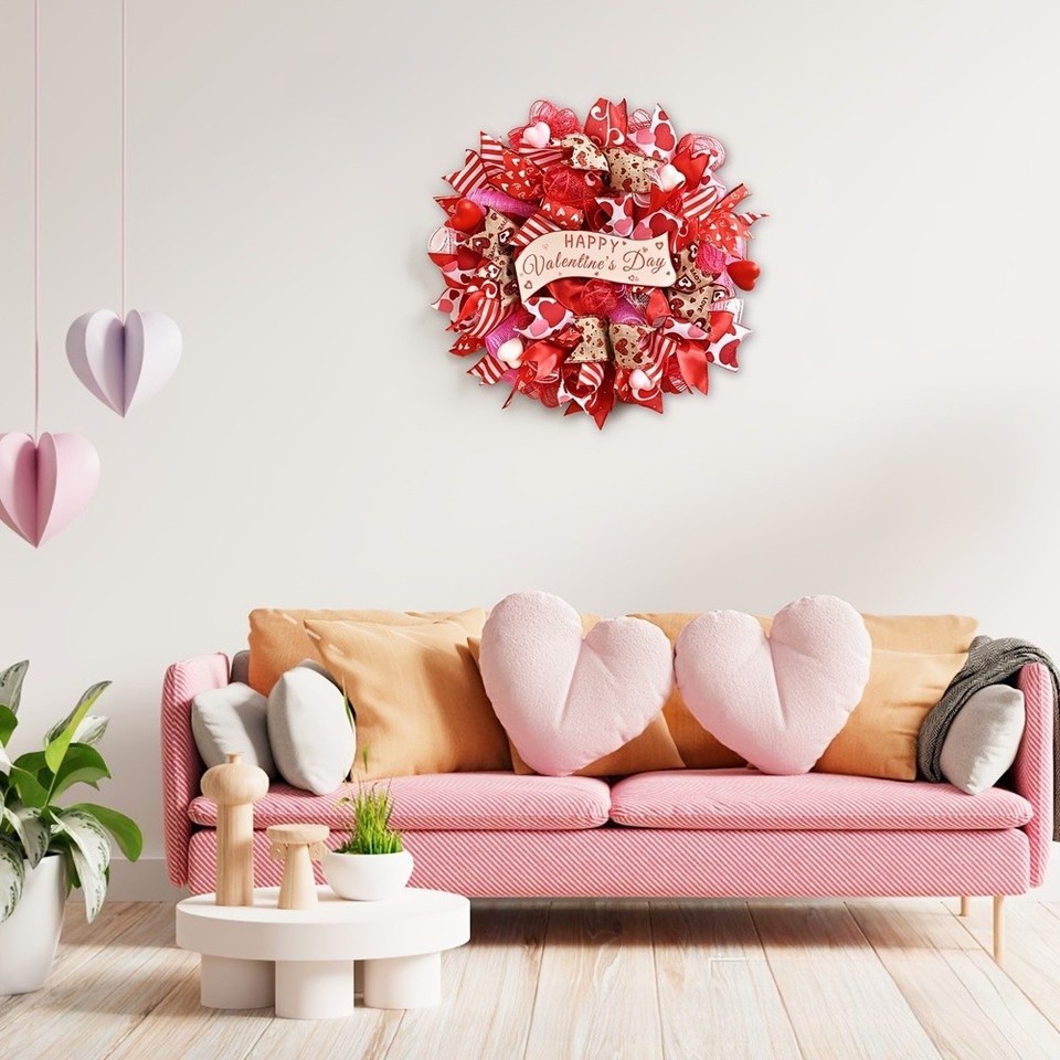 Romantic Present Heart Ribbon Wreath Handcrafted Simulation Silk Net ...