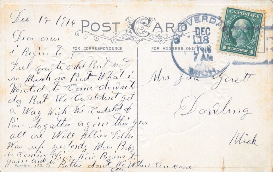 Cloverdale Michigan 1916 Cancel to Dowling MI Purple Flowers Vtg ...