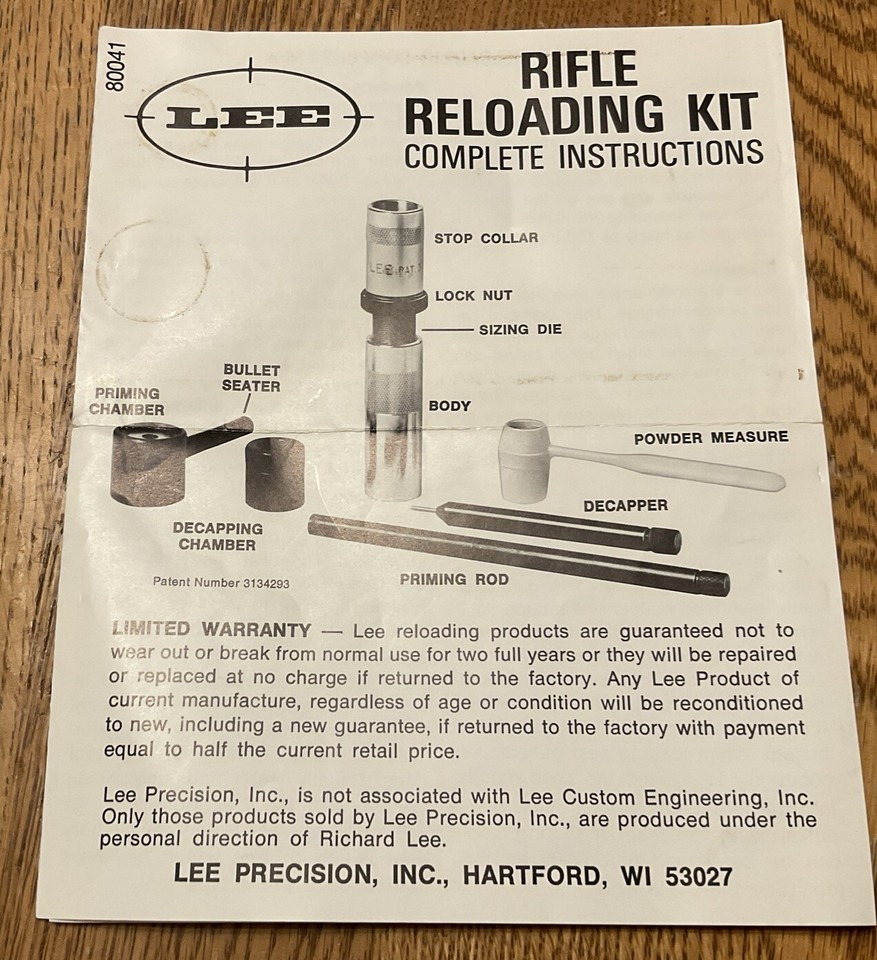 NEW LEE PRECISION RIFLE RELOADING KIT 80041 COMPLETE in Case w/ Instructions | eBay