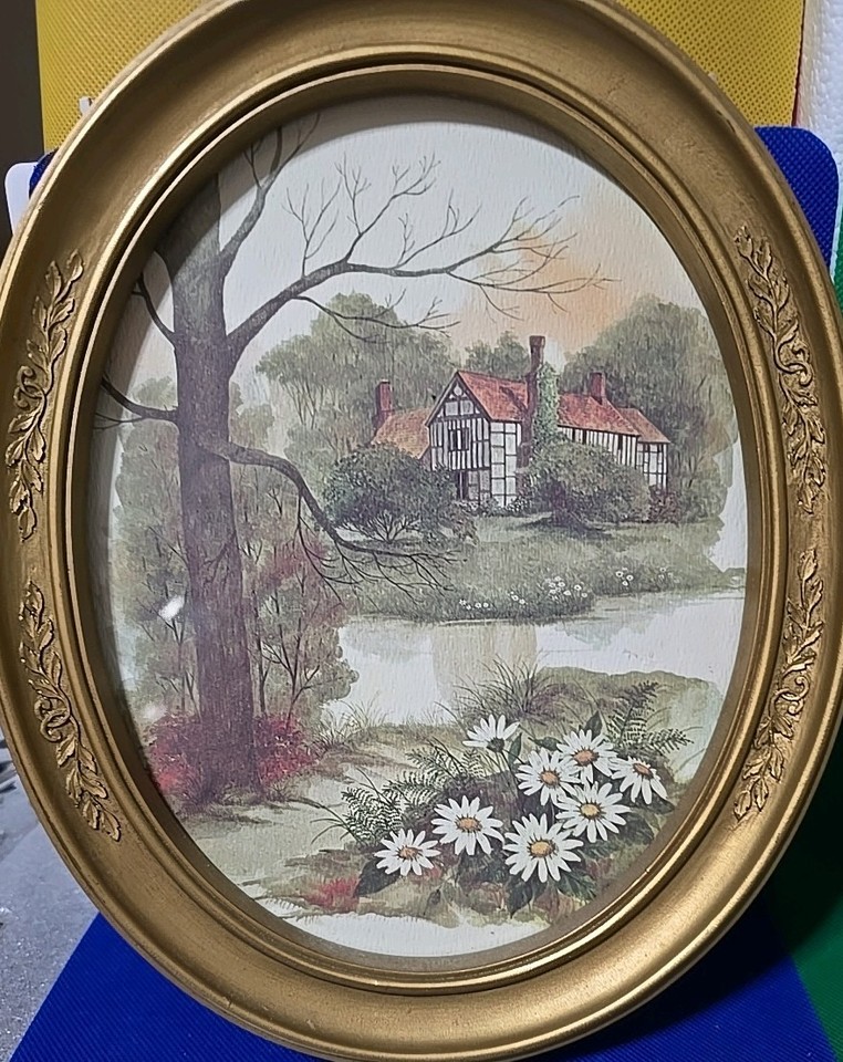 Cottage Core Country 2 Oval Artworks Of Houses By Streams Peaceful | eBay