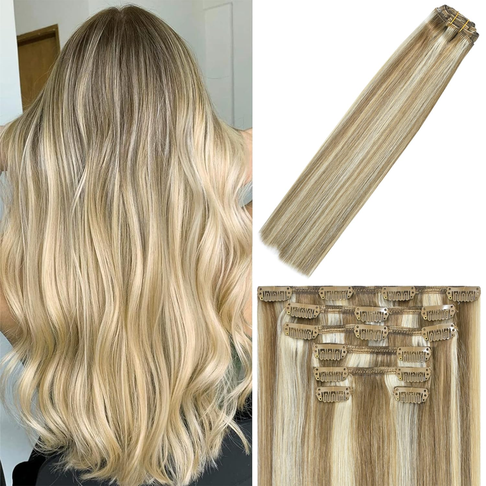 Clip in Hair Extensions Real Human Hair Balayage Mixed Bleach Blonde ...