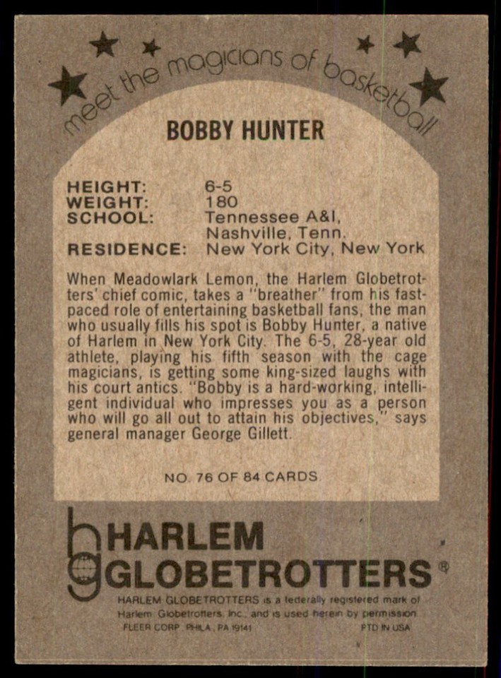 1971-72 Fleer Bobby Hunter Harlem Globetrotters #76 | eBay