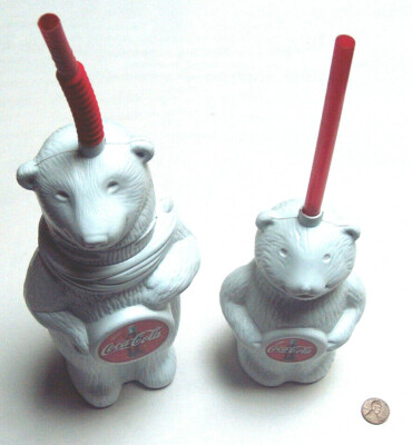 2 NEW COCA COLA MOM (9") & BABY (6") WHITE POLAR BEARS SLURPEE DRINK w ...