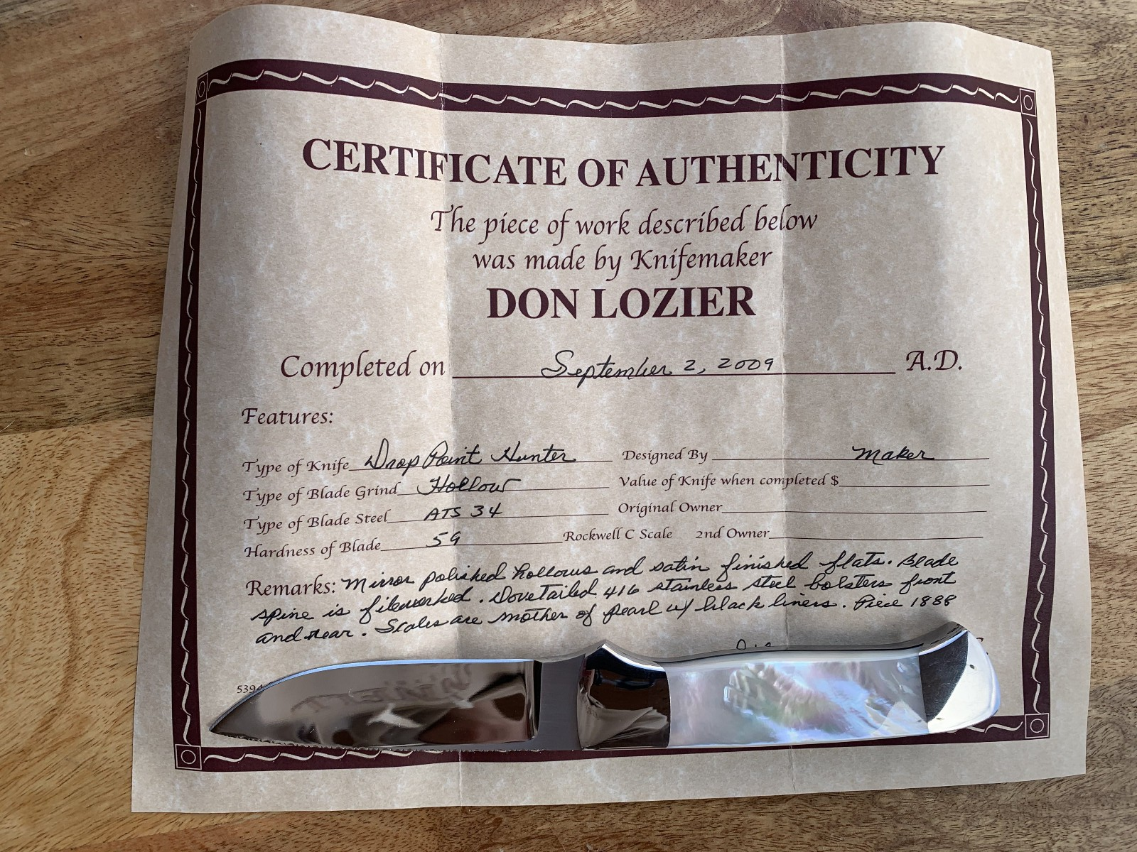 Don Lozier Custom Handmade Knife. Mother of Pearl Drop Point Hunter | eBay