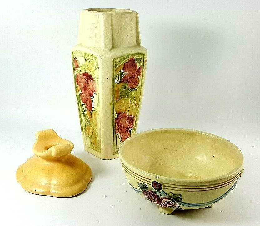 WELLER Art Deco ROMA VASE Three Piece mixed Lot Candle Holder Sm Footed ...