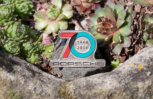 VINTAGE ENAMEL AUTOMOBILE CAR PIN / BUTTON # PORSCHE 70 JEARS JUBILEE ...