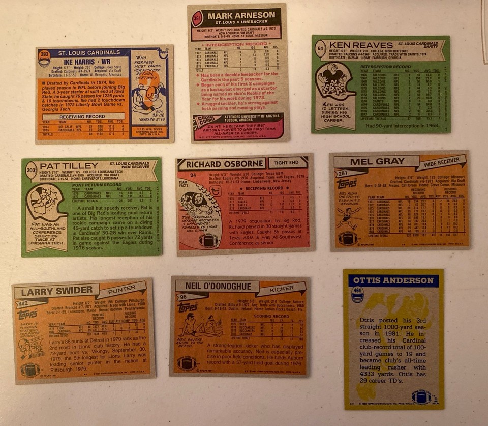 LOT OF 9 Vintage 1976-82 ST. Louis Cardinals NFL Topps Football Cards ...