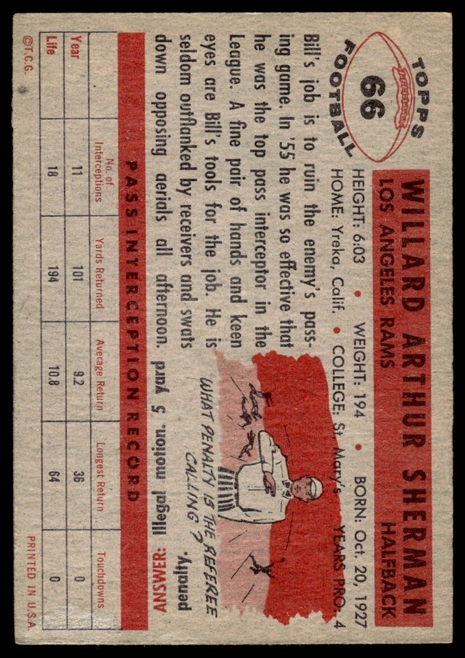 1956 Topps Willard Sherman * Los Angeles Rams #66 | eBay