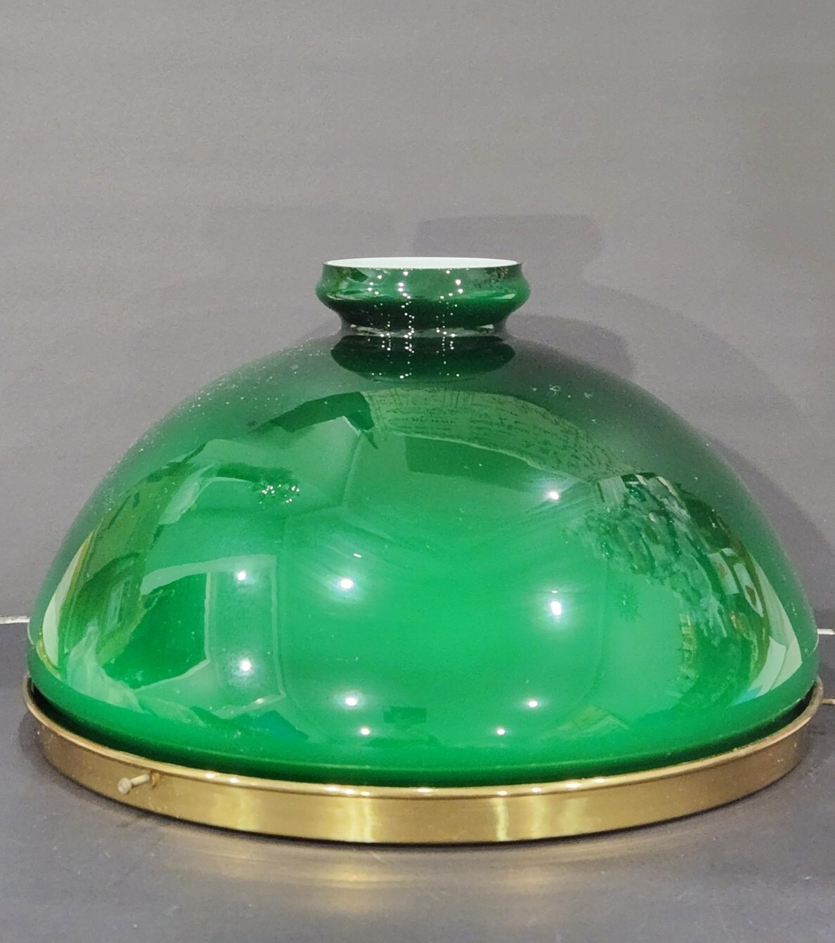 RARE Large Cased Green Glass Lamp Shade w/Brass Rim -Pendant/Pool Table ...