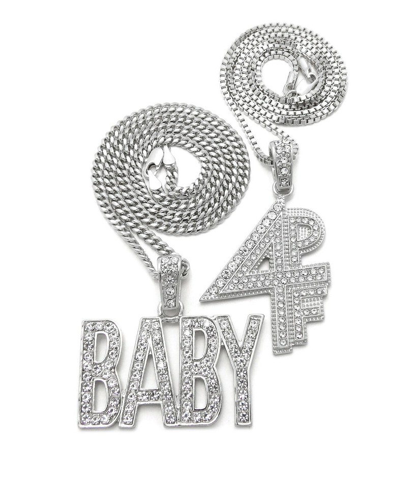 Iced Silver PT Lil BABY 4PF Pendant & 20" 24" Box Cuban Chain Hip Hop ...