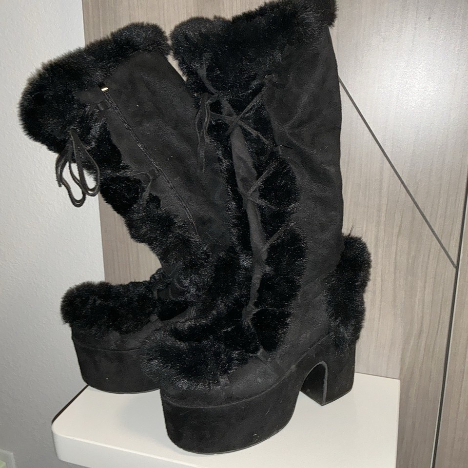 Platform Goth Punk Knee Boots Size 13 Women’s Festival Rave Faux Fur ...