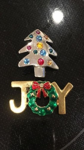 2 pins brooch "JOY" and Christmas Tree with colored Gems Stones | eBay