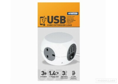 3 Way + 3 USB Cube Extension Socket 13a 1.4m Long Lead Cable With Plug ...