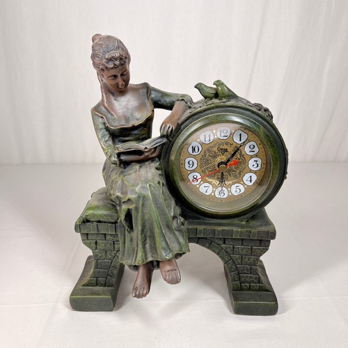 Crosa Quartz Bronze Metal Mantel Clock Lady Reading A Book Birds ...