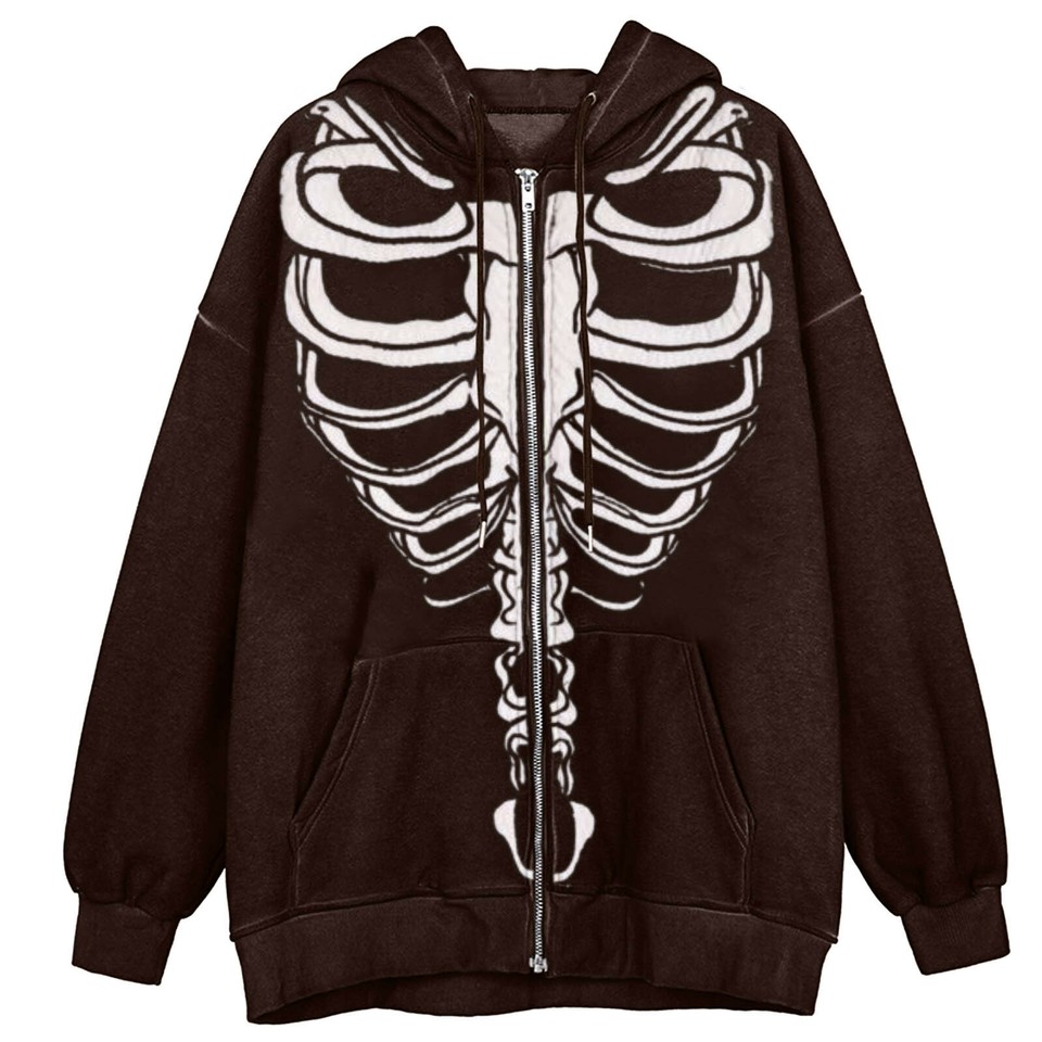 Women Casual Hoodies Skeleton Print Zipper Pockets Loose Sweatshirts ...
