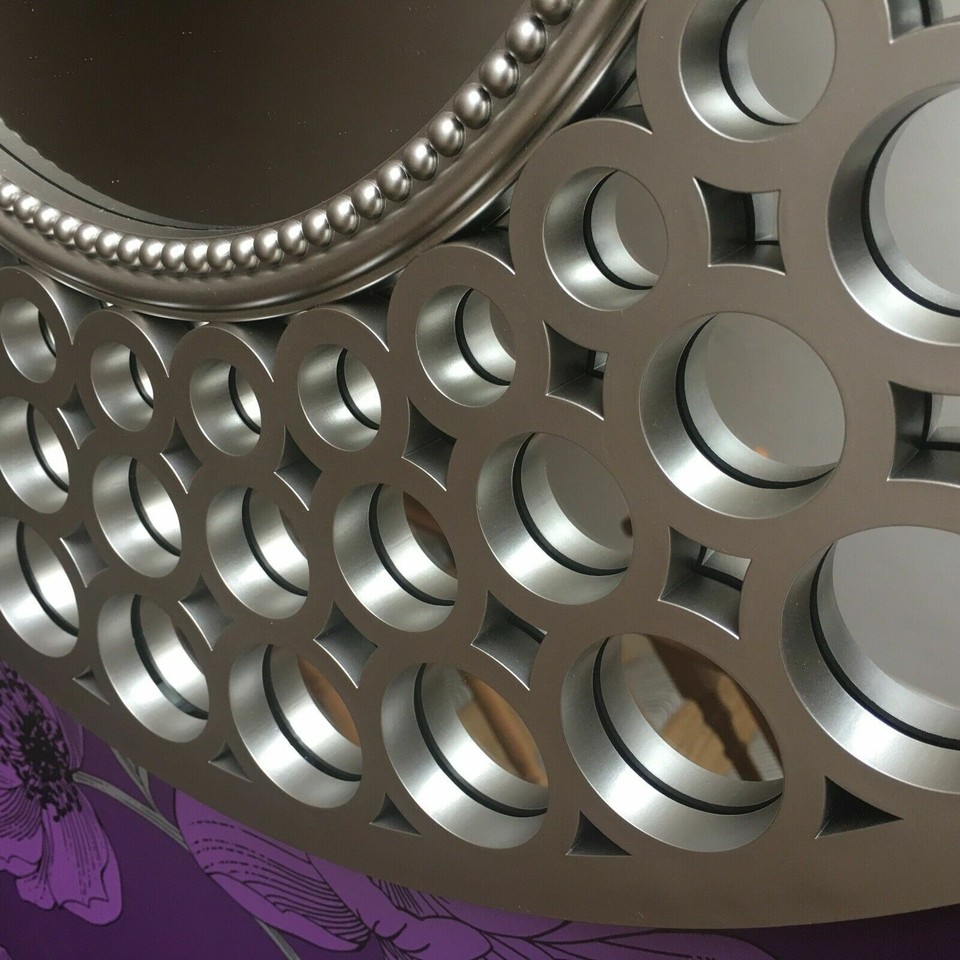 MOROCCAN LARGE SILVER ROUND WALL MIRROR ART DECO METALLIC SILVER ROUND ...