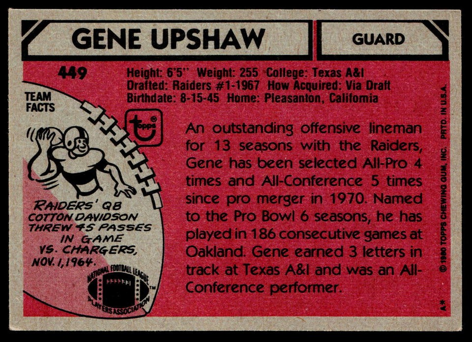 1980 Topps GENE UPSHAW Oakland Raiders Card | eBay