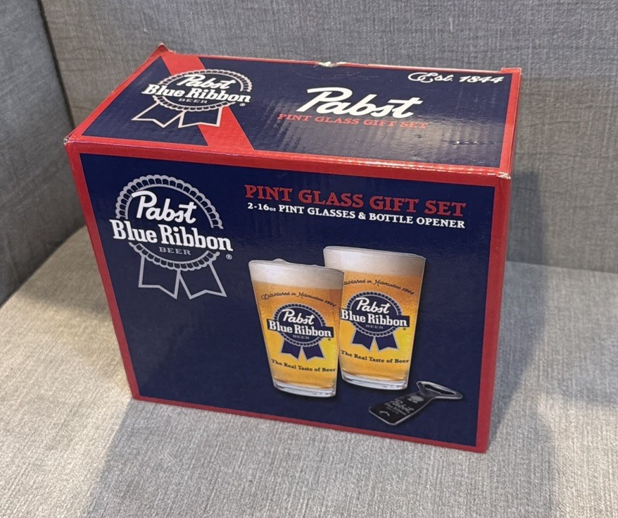 New! Pabst Blue Ribbon Pint Glass Set (2) 16oz Beer Pint Glasses w ...
