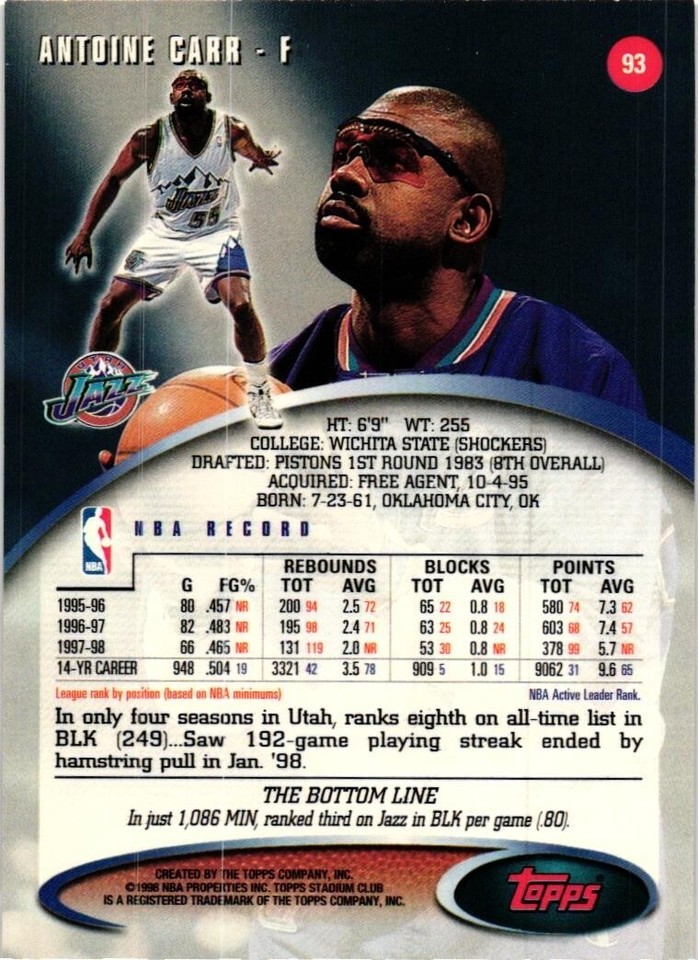 1998-99 Stadium Club Antoine Carr #93 Utah Jazz NrMt | eBay
