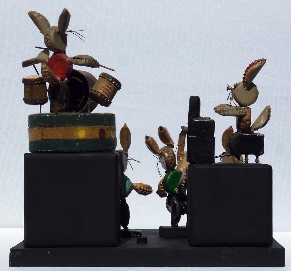 Wonderfully folky set of rabbit musicians made from bottle caps and ...