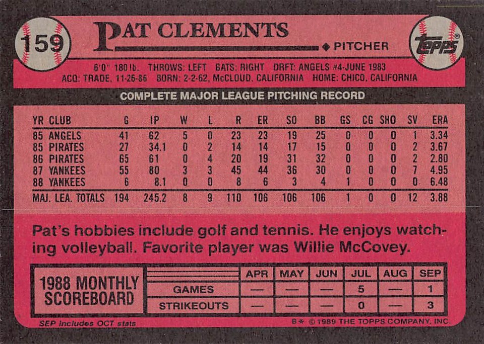 Pat Clements 1989 Topps Base Baseball card #159 New York Yankees | eBay