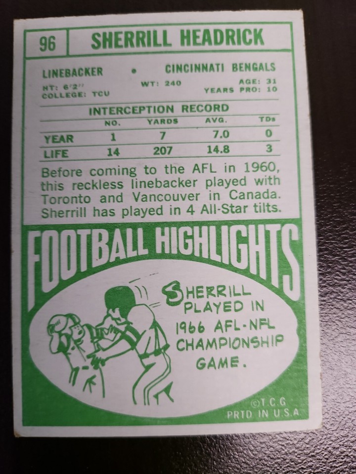 1968 Topps Football Sherrill Headrick card #96 | eBay