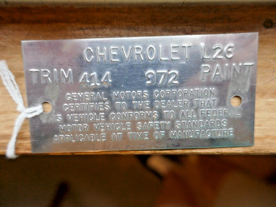 CHEVROLET L26 414 972 ORIGINAL USED PAINT TRIM TAG (1) GM | eBay