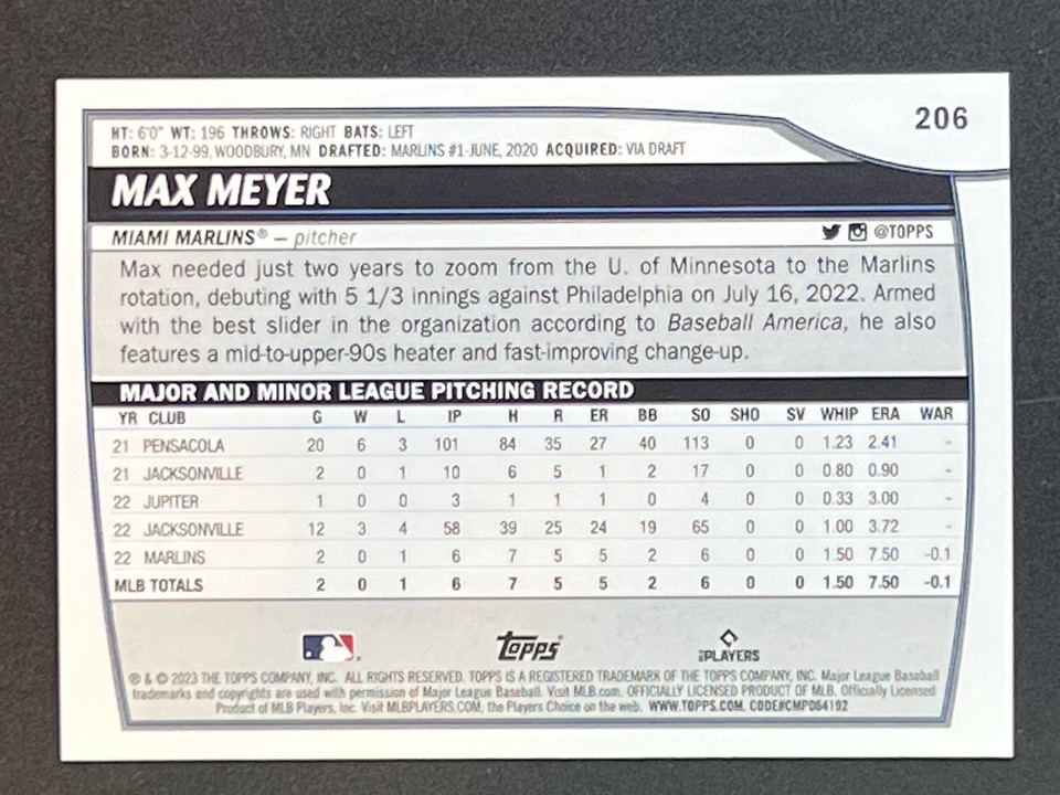 MAX MEYER RC 2023 Topps Big League Uncommon Foil #206 Miami Marlins | eBay