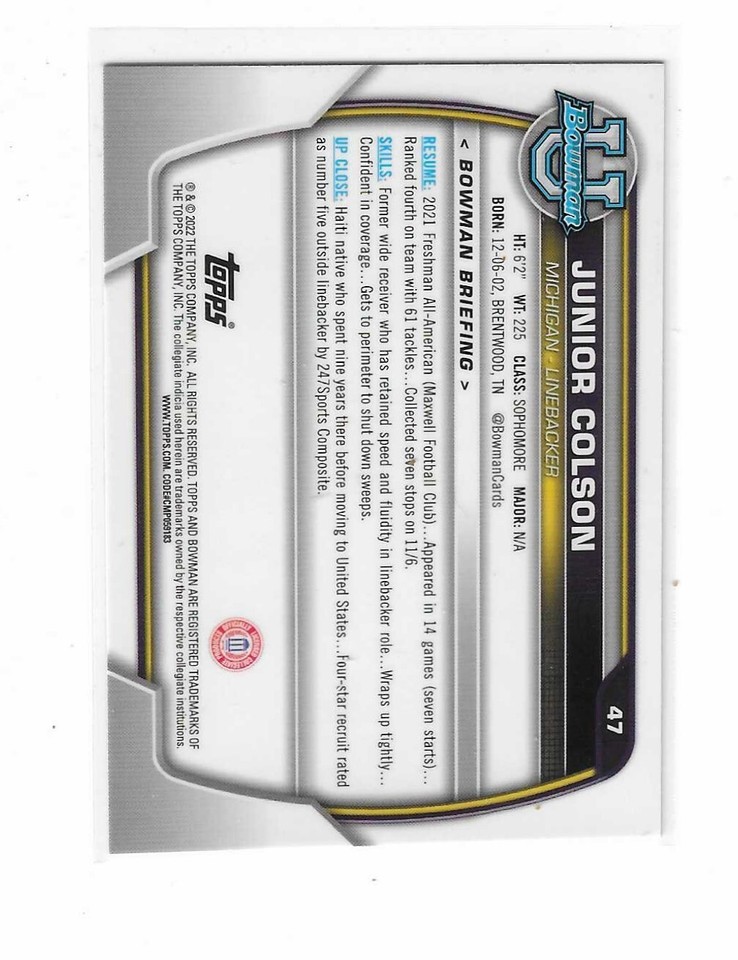 2022 Bowman U Chrome Junior Colson Bowman 1ST Pink Parallel Rookie Card ...