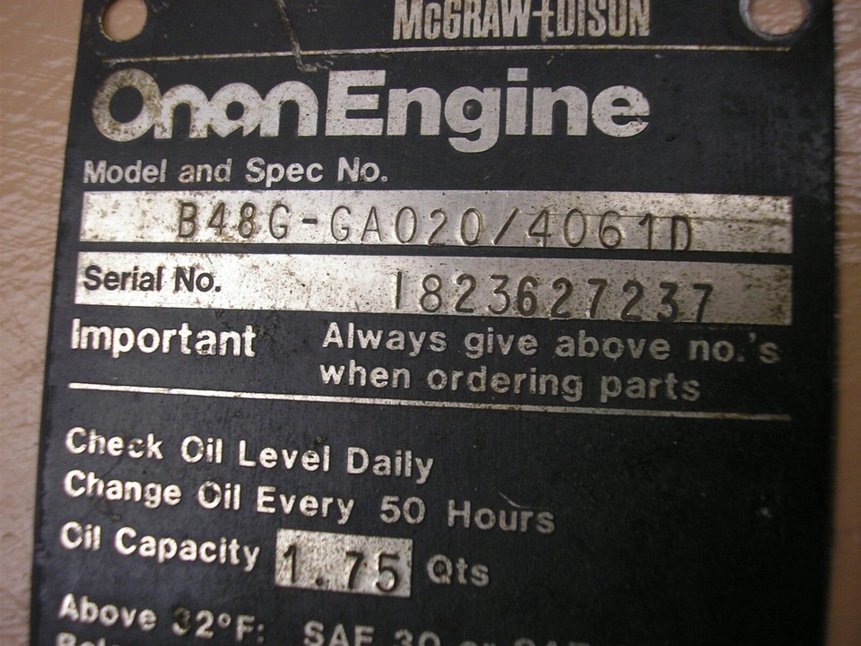 John Deere 420 Garden Tractor Onan B48G 20HP Engine Identification Tag ...