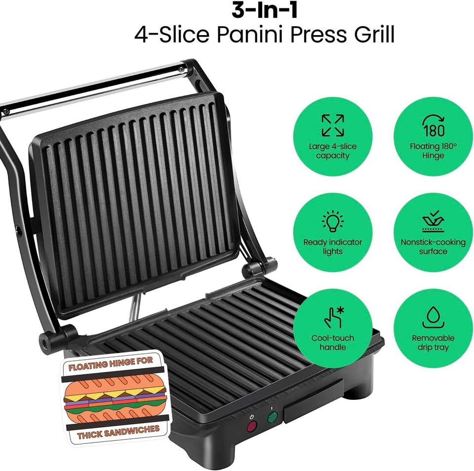 Open... Panini Press Grill And Gourmet Sandwich Maker Non-Stick Coated ...