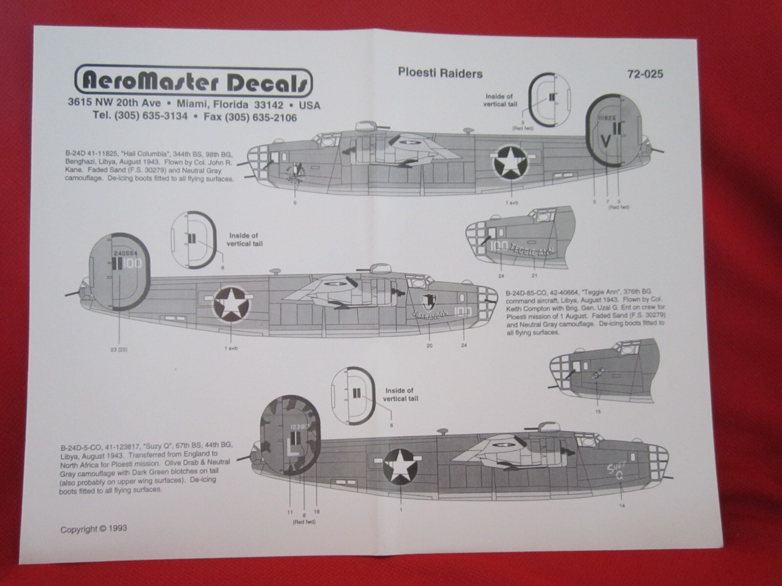 1/72 AeroMaster 72-025 Decal B-24D Ploesti Raiders Killer Kane MOH ...