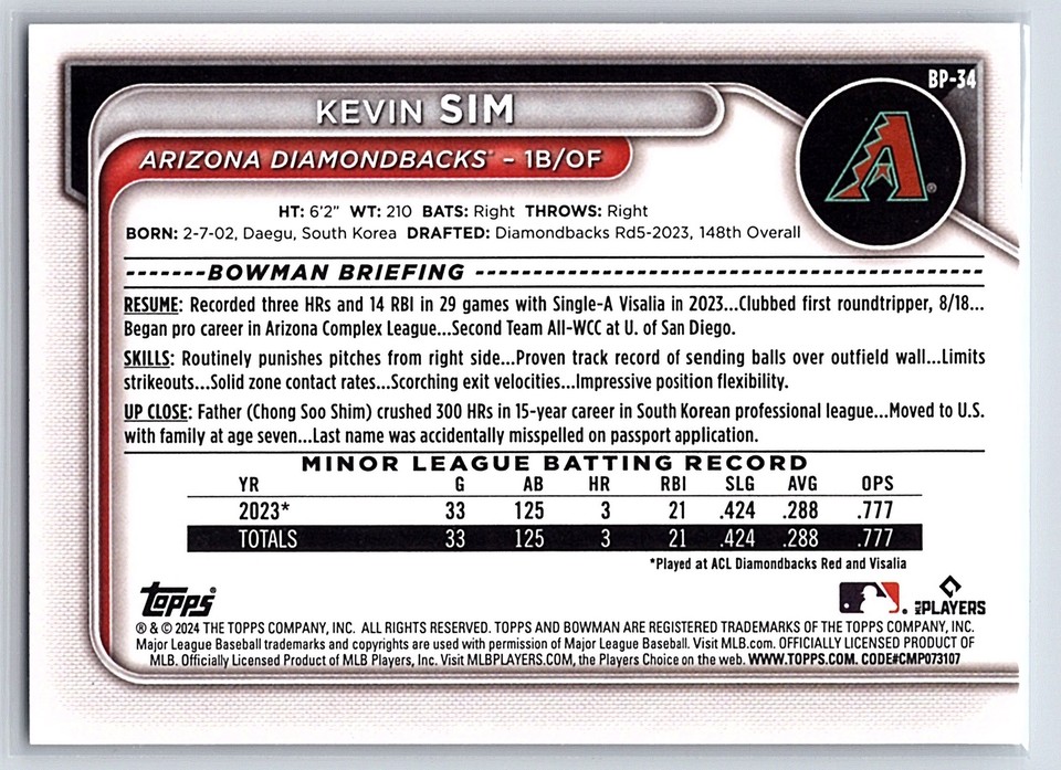 2024 Bowman Prospects #BP-34 Kevin Sim Arizona Diamondbacks | eBay
