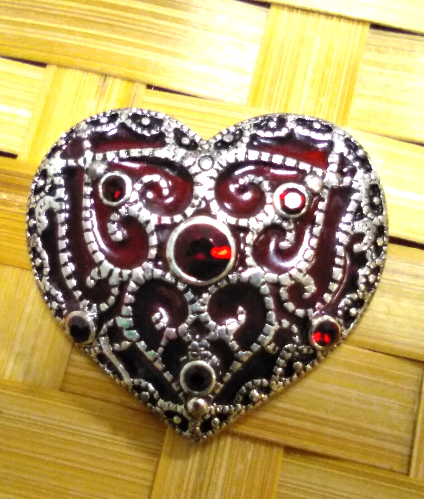 Vintage Monet Red Heart Stain Glass Filigree Silver T… - Gem