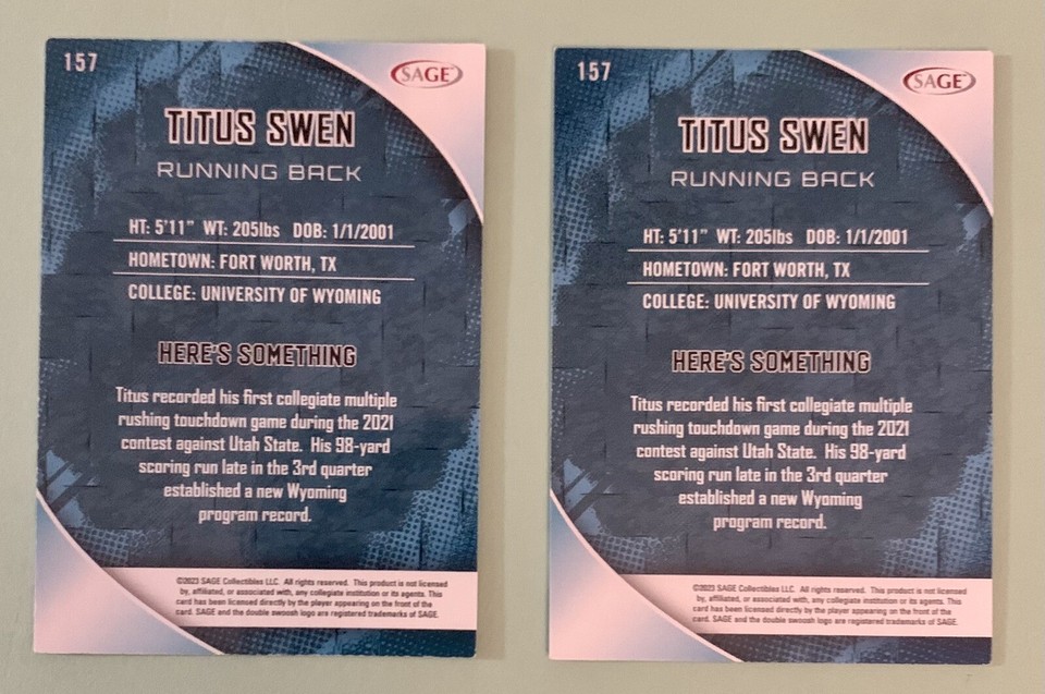 2023 SAGE High Series - #157 Titus Swen - LOT Of Two (2) Silver & Black ...