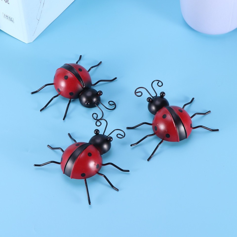 3pcsminiature red bugs Ladybug Wall Sculpture metal wall decor decals ...