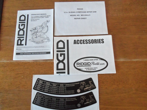 RIDGID MODEL MS1290 OPERATORS MANUAL/ REPAIR SHEET/ DECALS COMPOUND ...