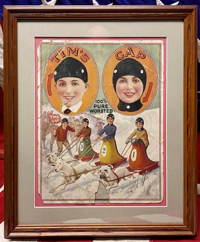 Vintage 1900s Tim's Caps Headwear Advertising Counter Sign Dog Sled ...